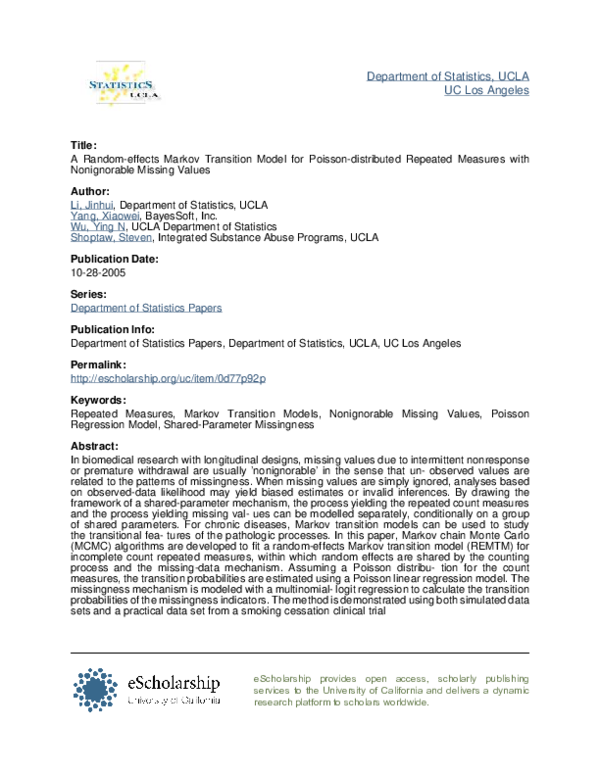 Pdf A Random Effects Markov Transition Model For Poisson Distributed Repeated Measures With