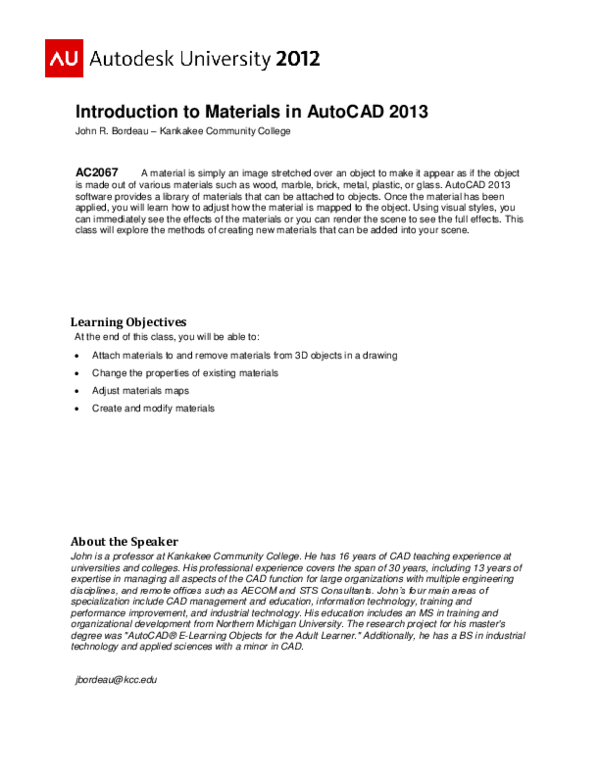 (PDF) Introduction to Materials in AutoCAD 2013 About the Speaker