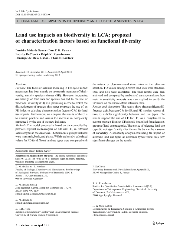 (PDF) Land use impacts on biodiversity in LCA: proposal of ...