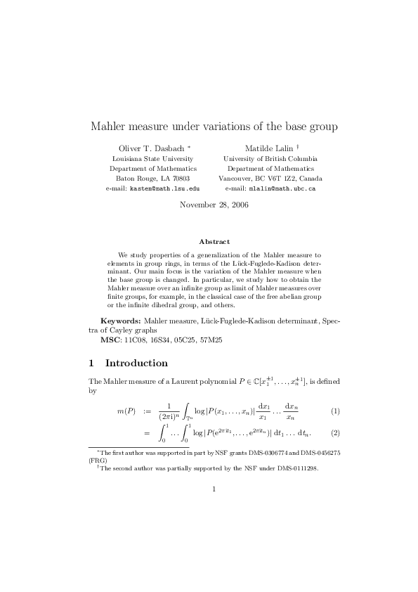 (PDF) Mahler measure under variations of the base group