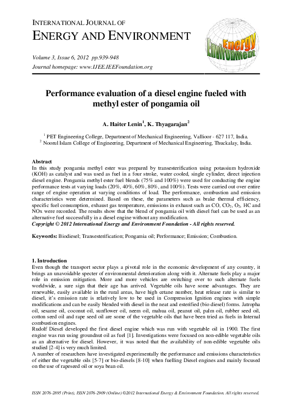(PDF) Performance evaluation of a diesel engine fueled with methyl ...