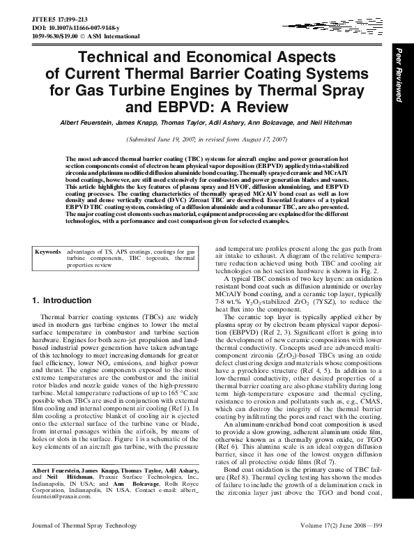 (PDF) Technical and Economical Aspects of Current Thermal Barrier Coating Systems for Gas ...