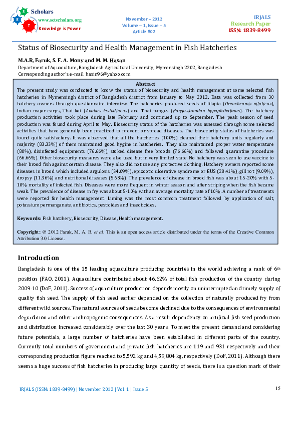 (PDF) Status of Biosecurity and Health Management in Fish Hatcheries