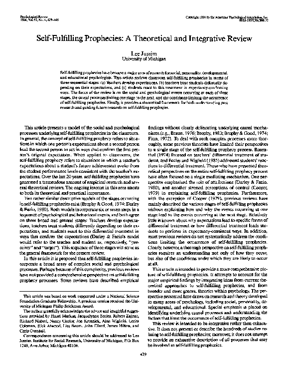 Self Fulfilling Prophecy Psychology