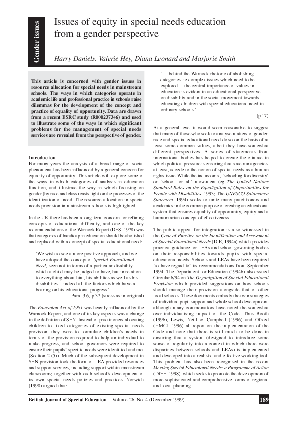(PDF) Issues of Equity in Special Needs Education from a Gender Perspective