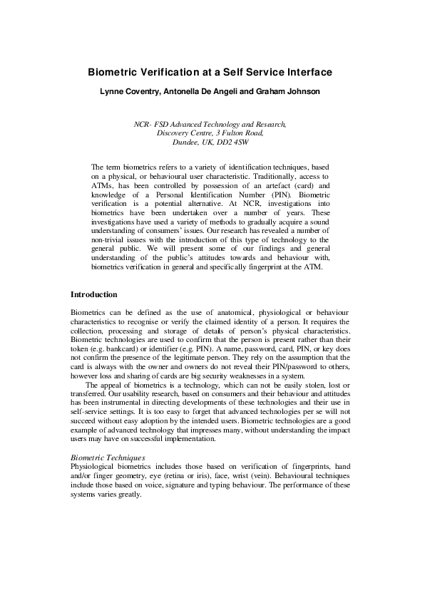 (PDF) Biometric verification at a self service interface