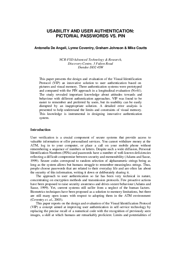 (PDF) Usability and user authentication: Pictorial passwords vs. pin