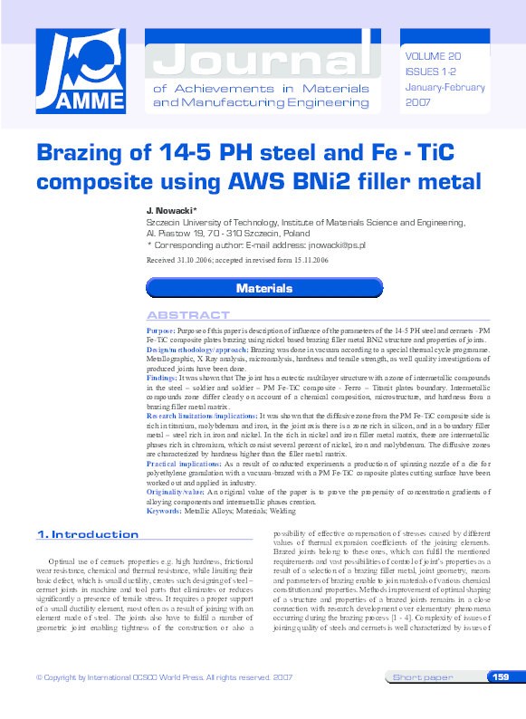 (PDF) Brazing of 14-5 PH steel and Fe-TiC composite using AWS BNi2 ...