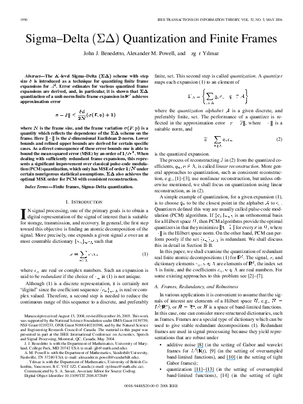 (PDF) Sigma-delta (/spl Sigma//spl Delta/) quantization and finite frames