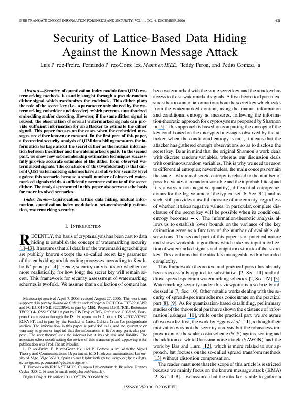 (PDF) Security of Lattice-Based Data Hiding Against the Known Message Attack