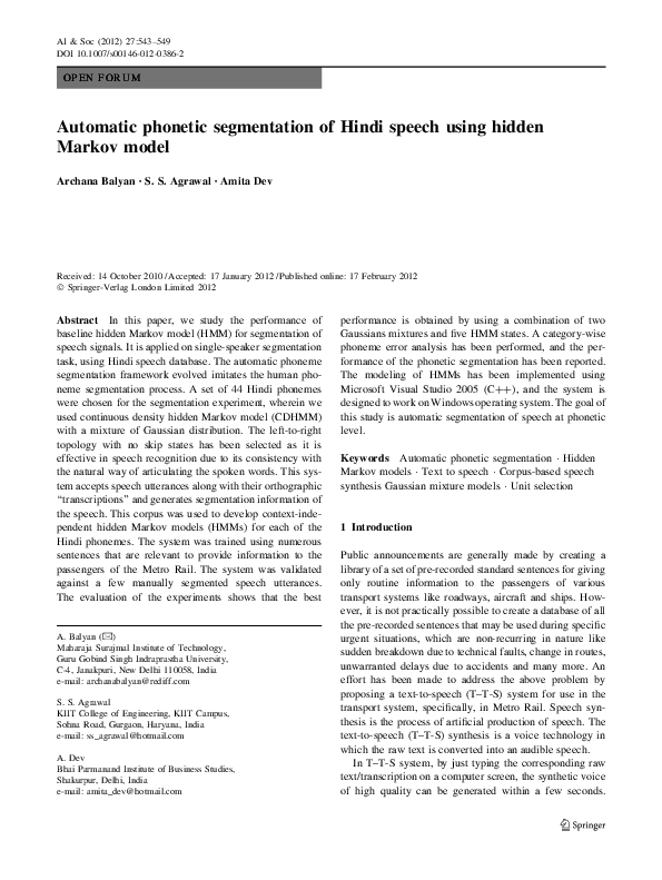 Pdf Automatic Phonetic Segmentation Of Hindi Speech Using Hidden Markov Model