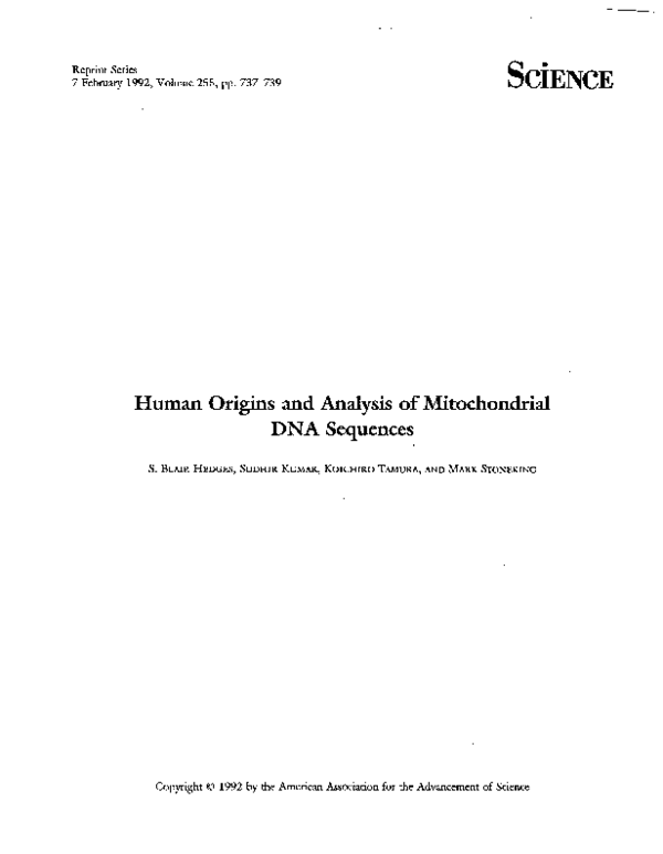 (PDF) Human origins and analysis of mitochondrial DNA sequences | Sudhir kumar - Academia.edu