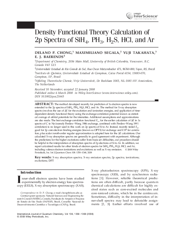 (PDF) Density functional theory calculation of 2p spectra of SiH4, PH3, H2S, HCl, and Ar