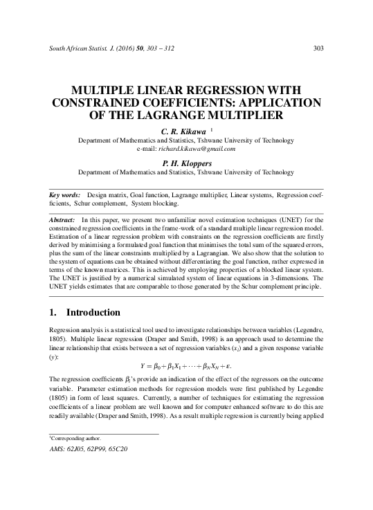 (PDF) MULTIPLE LINEAR REGRESSION WITH CONSTRAINED COEFFICIENTS: APPLICATION OF THE LAGRANGE ...