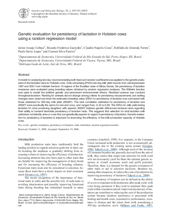 (PDF) Genetic evaluation for persistency of lactation in Holstein cows using a random regression ...