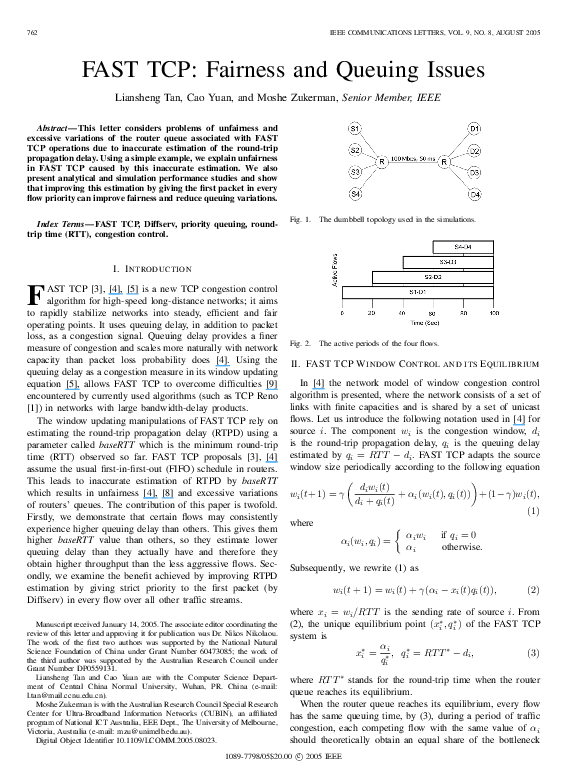 (PDF) FAST TCP: fairness and queuing issues