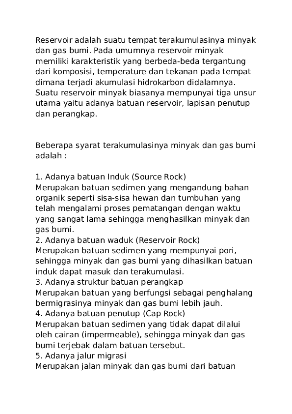 (DOC) Reservoir adalah suatu tempat terakumulasinya minyak dan gas bumi