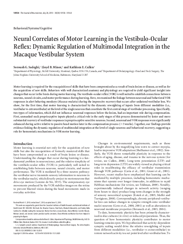 (PDF) Neural Correlates of Motor Learning in the Vestibulo-Ocular ...