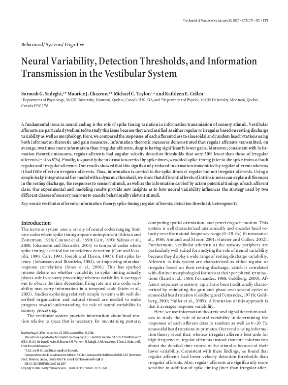 (PDF) Neural Variability, Detection Thresholds, and Information Transmission in the Vestibular ...