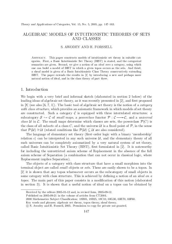 (PDF) Algebraic Models of Intuitionistic Theories of Sets and Classes