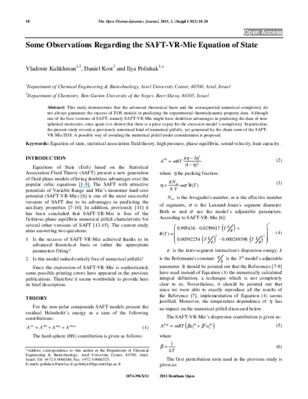 (PDF) Some observations regarding the SAFT-VR-Mie Equation of State