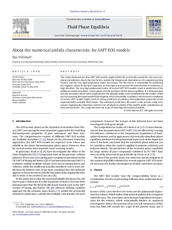 (PDF) About the numerical pitfalls characteristic for SAFT EOS models