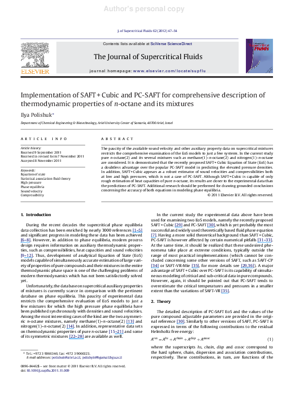 (PDF) Implementation of SAFT+Cubic and PC-SAFT for comprehensive ...