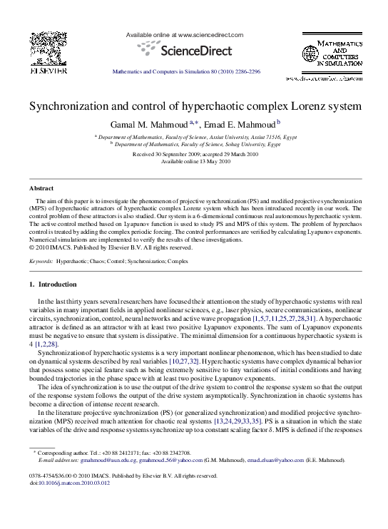 (PDF) Synchronization and control of hyperchaotic complex Lorenz system