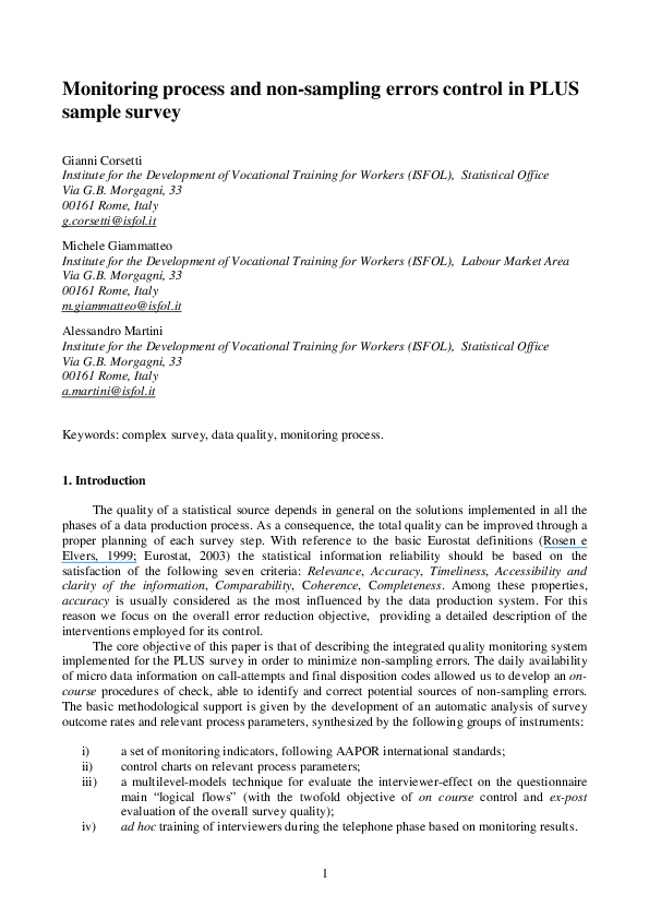 (PDF) Monitoring process and non-sampling errors control in PLUS sample survey