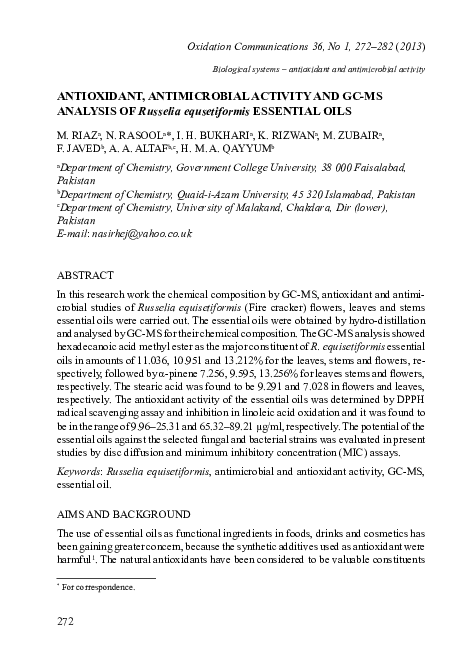 (PDF) Antioxidant, Antimicrobial Activity and GC-MS analysis of Russelia equsetiformis Essential ...