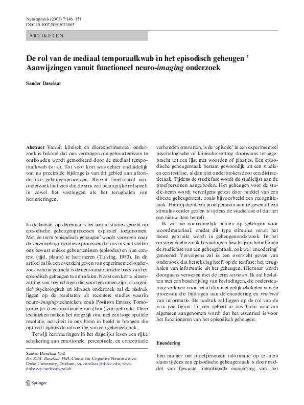(PDF) De rol van de mediaal temporaalkwab in het episodisch geheugen ...