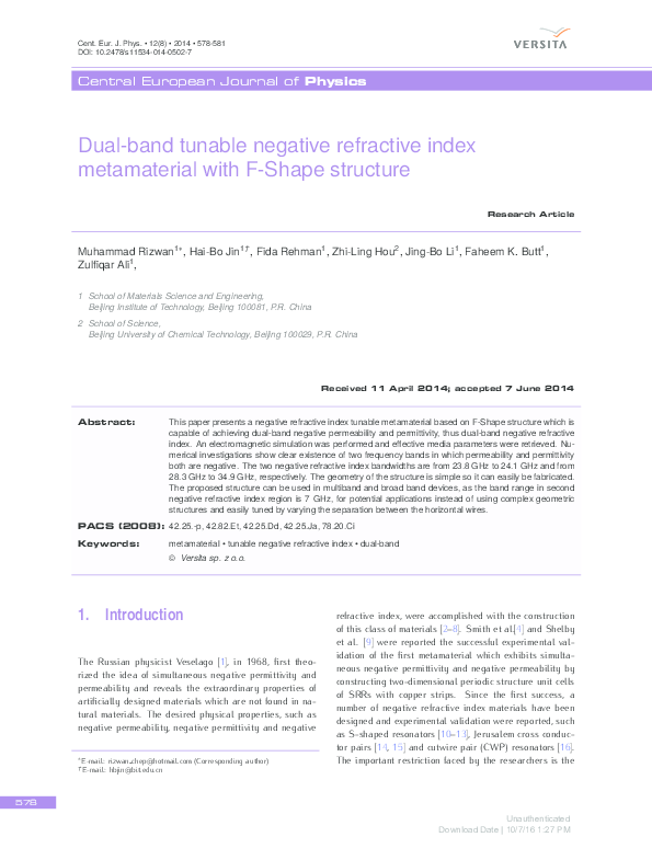(PDF) Dual-band tunable negative refractive index metamaterial with F-Shape structure