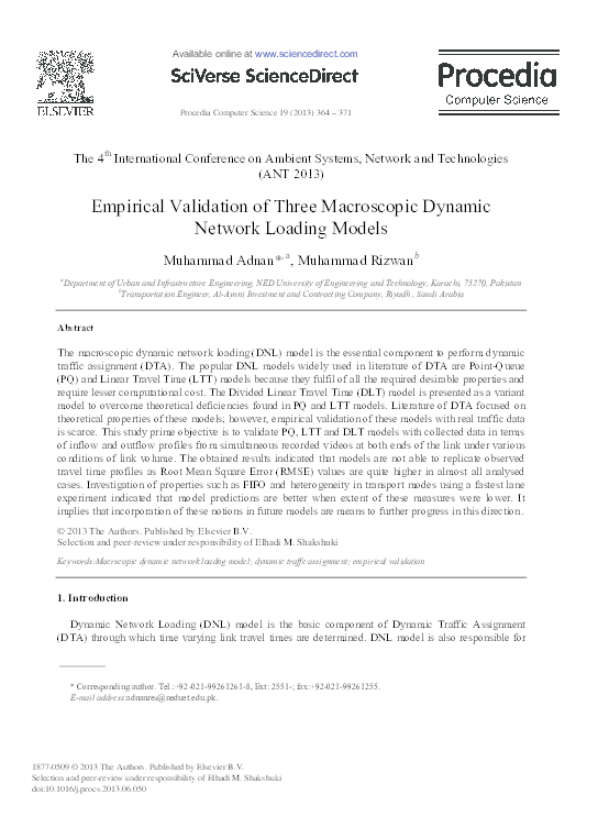 (PDF) Empirical Validation of Three Macroscopic Dynamic Network Loading Models | CDN RIZWAN ...