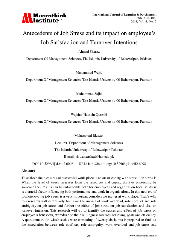 (PDF) Antecedents of Job Stress and its impact on employee’s Job Satisfaction and Turnover ...
