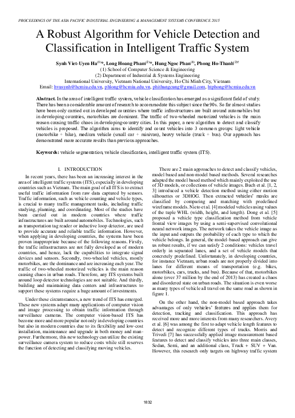 Pdf A Robust Algorithm For Vehicle Detection And Classification In Intelligent Traffic System