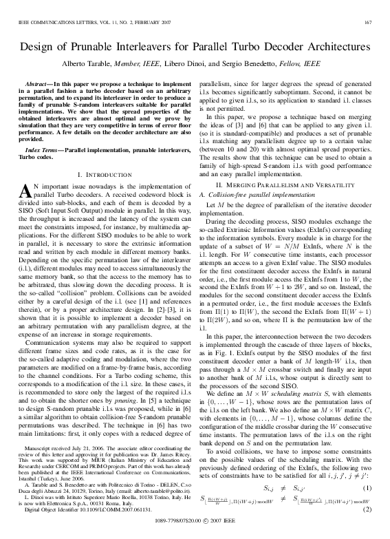 (PDF) Design of Prunable Interleavers for Parallel Turbo Decoder Architectures