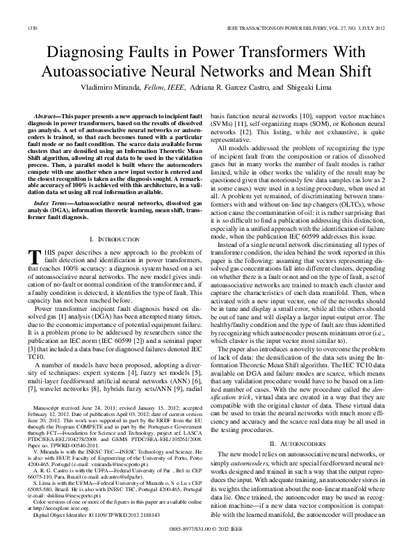 (PDF) Diagnosing Faults in Power Transformers With Autoassociative Neural Networks and Mean ...