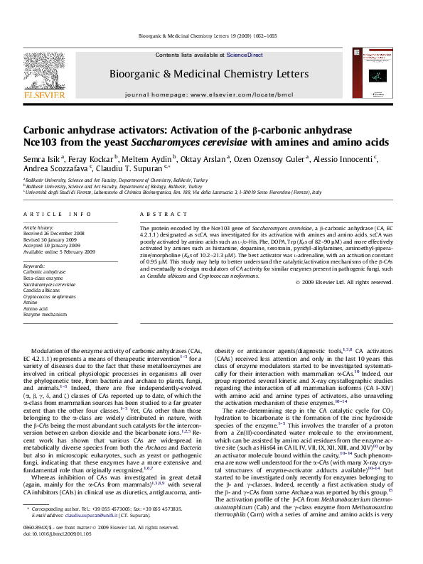 (PDF) Carbonic anhydrase activators: Activation of the β-carbonic anhydrase Nce103 from the ...