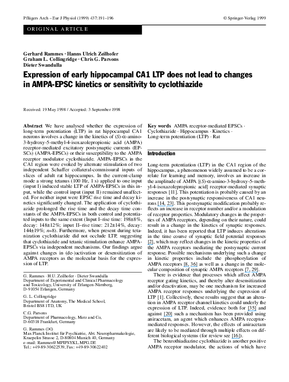 (PDF) Expression of early hippocampal CA1 LTP does not lead to changes ...