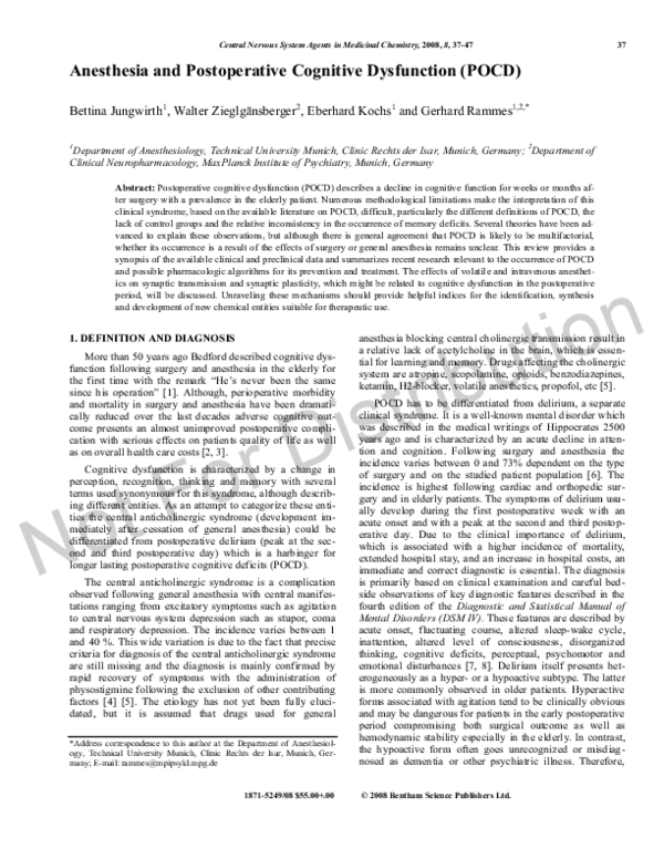(PDF) Anesthesia and Postoperative Cognitive Dysfunction (POCD)