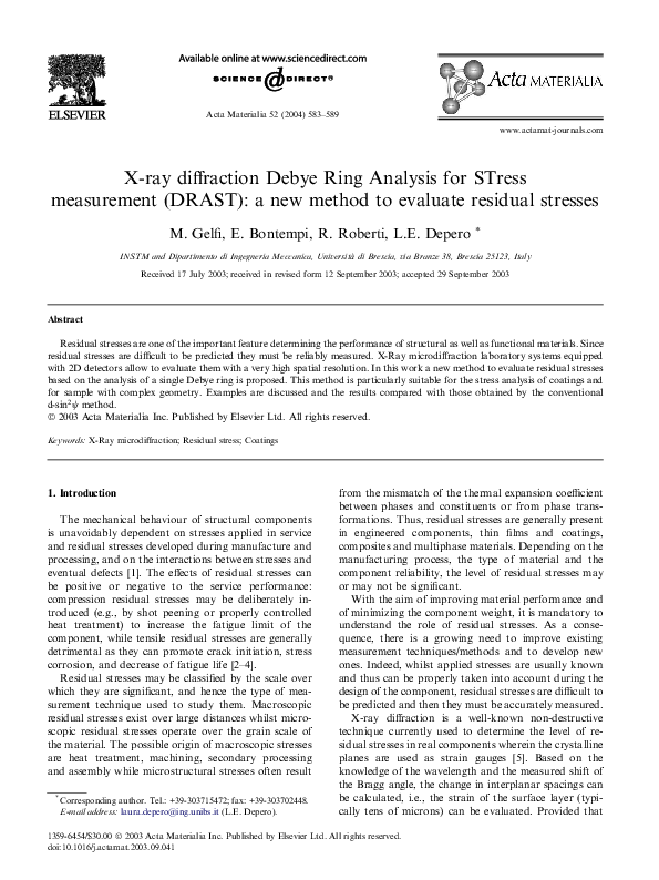 (PDF) X-ray diffraction Debye Ring Analysis for STress measurement (DRAST): a new method to ...