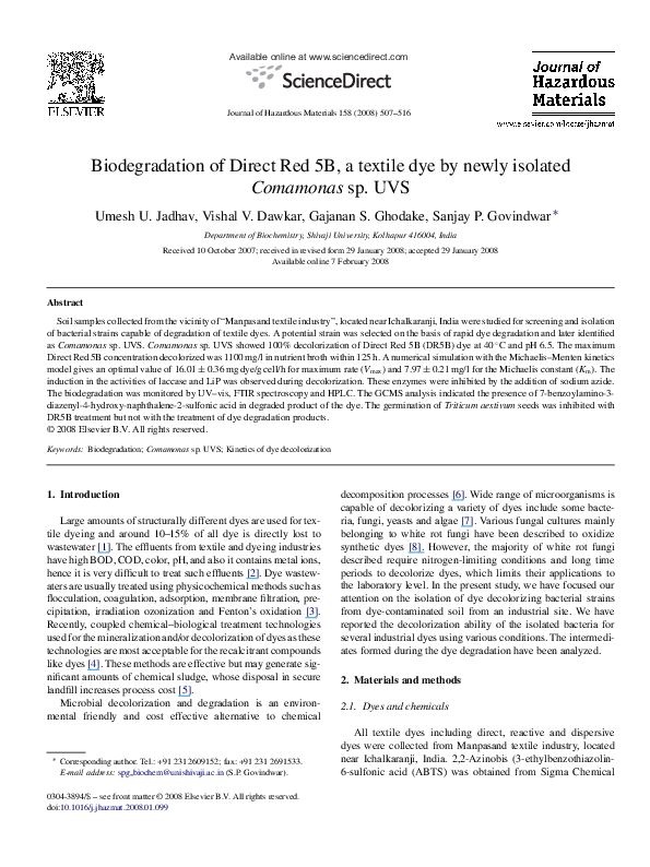 (PDF) Biodegradation of Direct Red 5B, a textile dye by newly isolated Comamonas sp. UVS