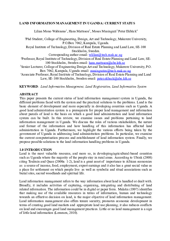 (DOC) LAND INFORMATION MANAGEMENT IN UGANDA: CURRENT STATUS