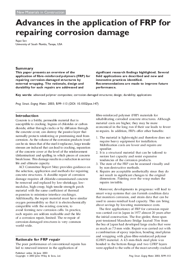 (PDF) Advances in the application of FRP for repairing corrosion damage
