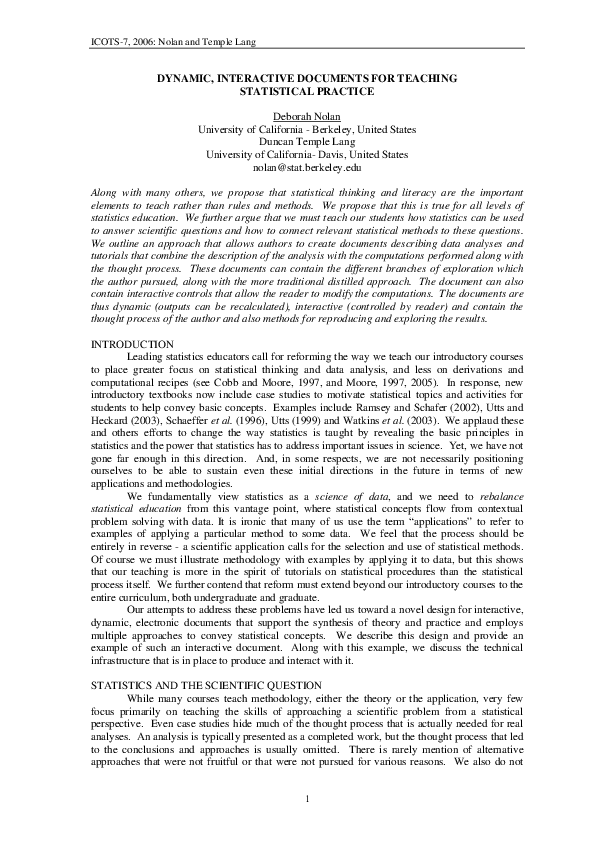 (PDF) Dynamic, Interactive Documents for Teaching Statistical Practice