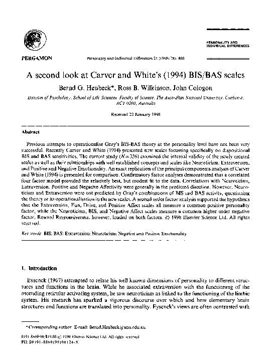 (PDF) A second look at Carver and White's (1994) BIS/BAS scales