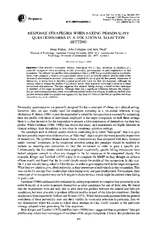 (PDF) Response strategies when faking personality questionnaires in a ...
