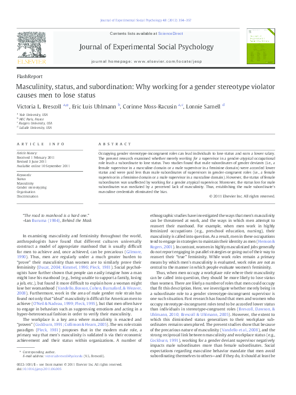 (PDF) Masculinity, status, and subordination: Why working for a gender ...