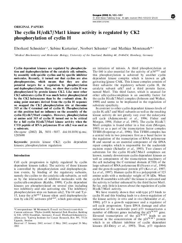 (PDF) The cyclin H/cdk7/Mat1 kinase activity is regulated by CK2 phosphorylation of cyclin H