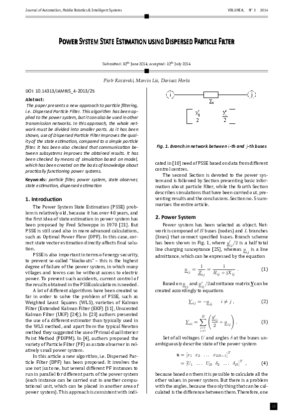 (PDF) Power System State Estimation using Dispersed Particle Filter